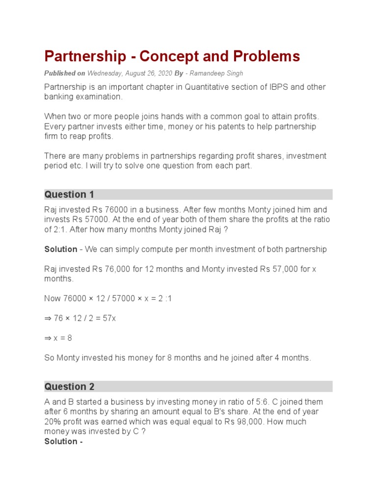 Partnership - Concept and Problems: Solution - We Can Simply Compute ...