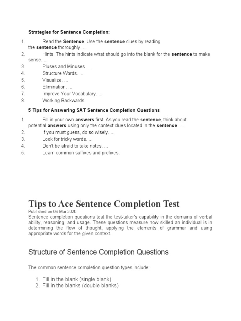 Tips To Ace Sentence Completion Test | PDF | Linguistics | Cognition