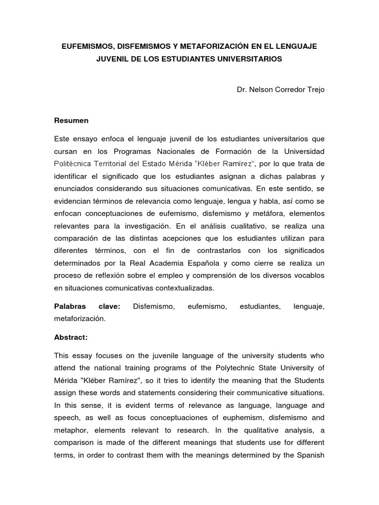Eufemismos, Disfemismos y Metaforización en El Lenguaje Juvenil de Los ...