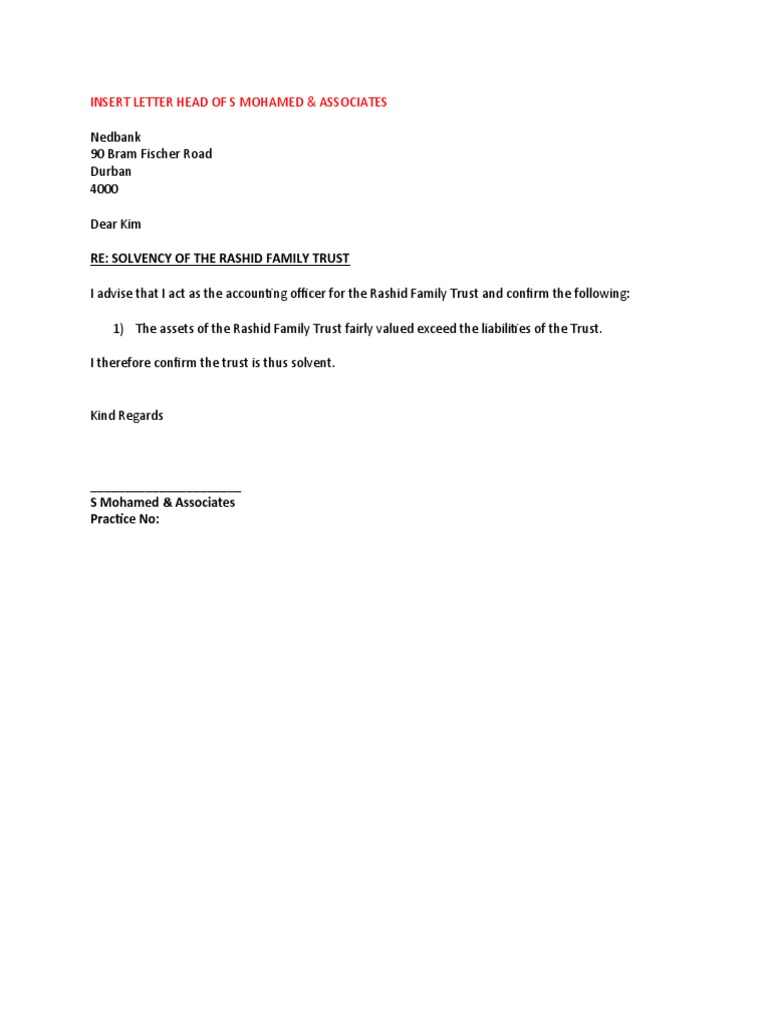 Confirmation of Solvency for the Rashid Family Trust | PDF