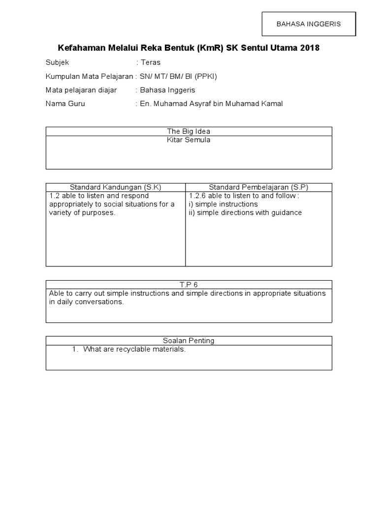 Kefahaman Melalui Reka Bentuk (KMR) SK Sentul Utama 2018: Bahasa Inggeris | PDF