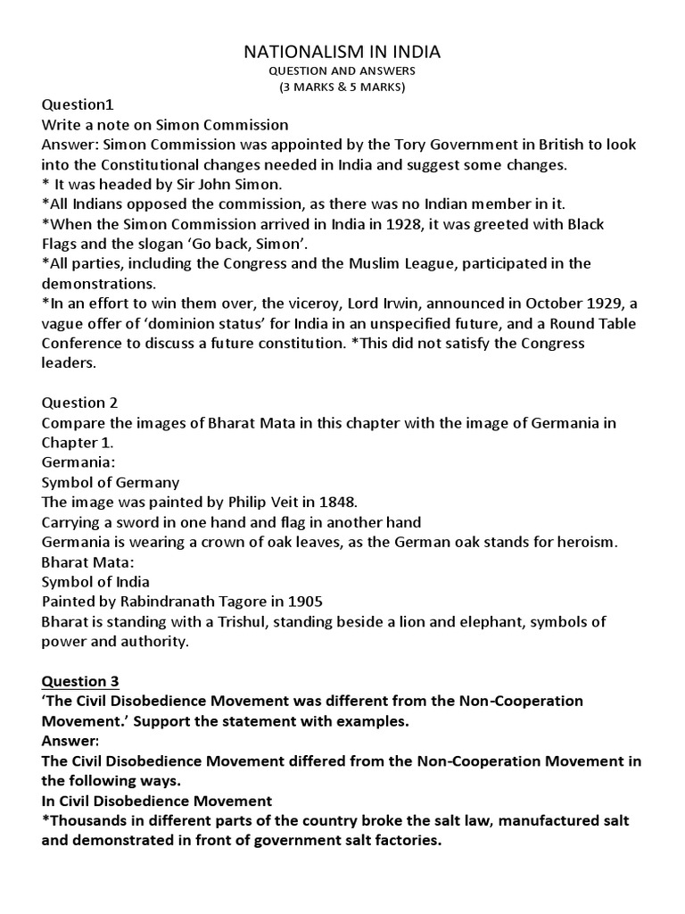 Nationalism in India: Question and Answers (3 Marks & 5 Marks) | PDF ...
