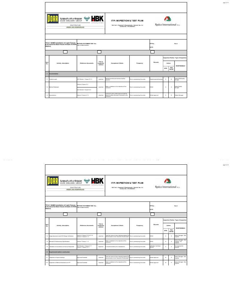 Light Fixture Installation ITP Document | PDF | Specification ...