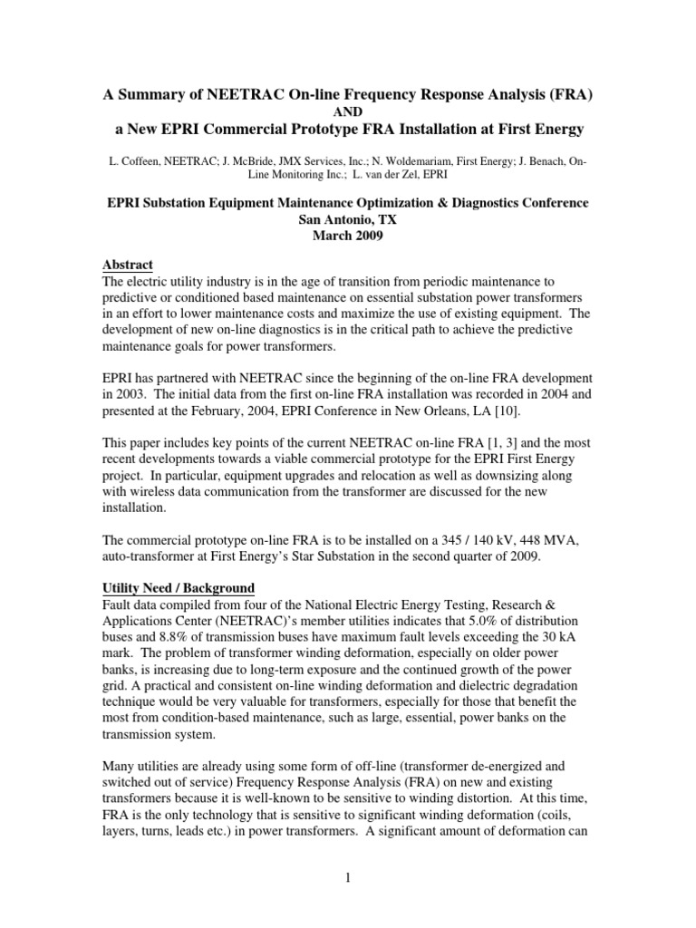 A Summary of NEETRAC On-Line Frequency Response Analysis (FRA) A New ...