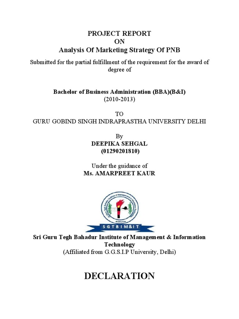 Declaration: Project Report ON Analysis of Marketing Strategy of PNB ...