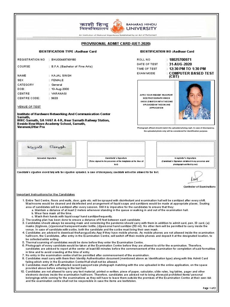 Provisional Admit Card (Uet-2020) | Download Free PDF | Identity ...
