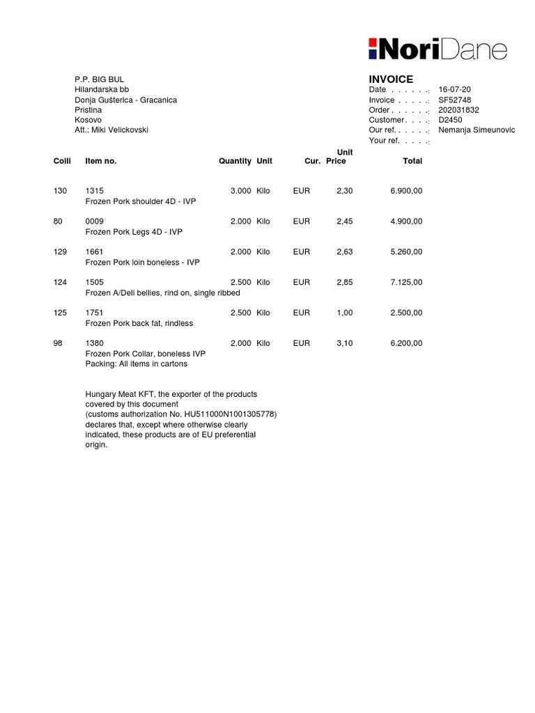 Pork Invoice Hungary Meat KFT 32,885 EUR | PDF | Business Law | Business