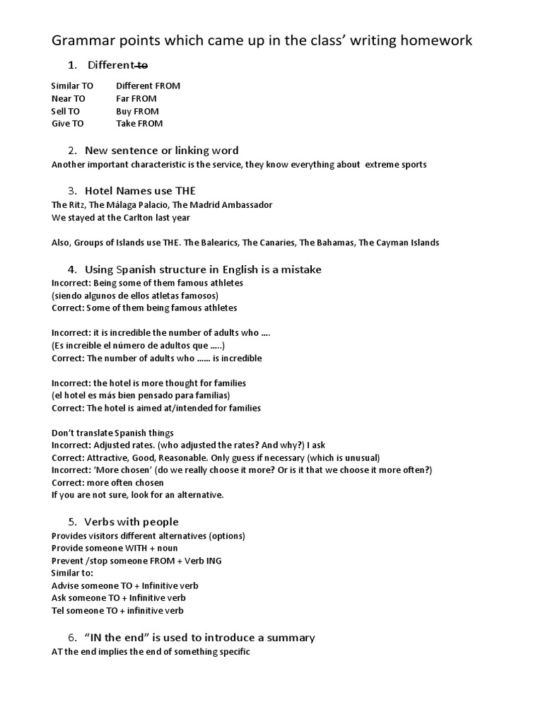 Grammar Points Which Came Up in The Class' Writing Homework: 1 ...