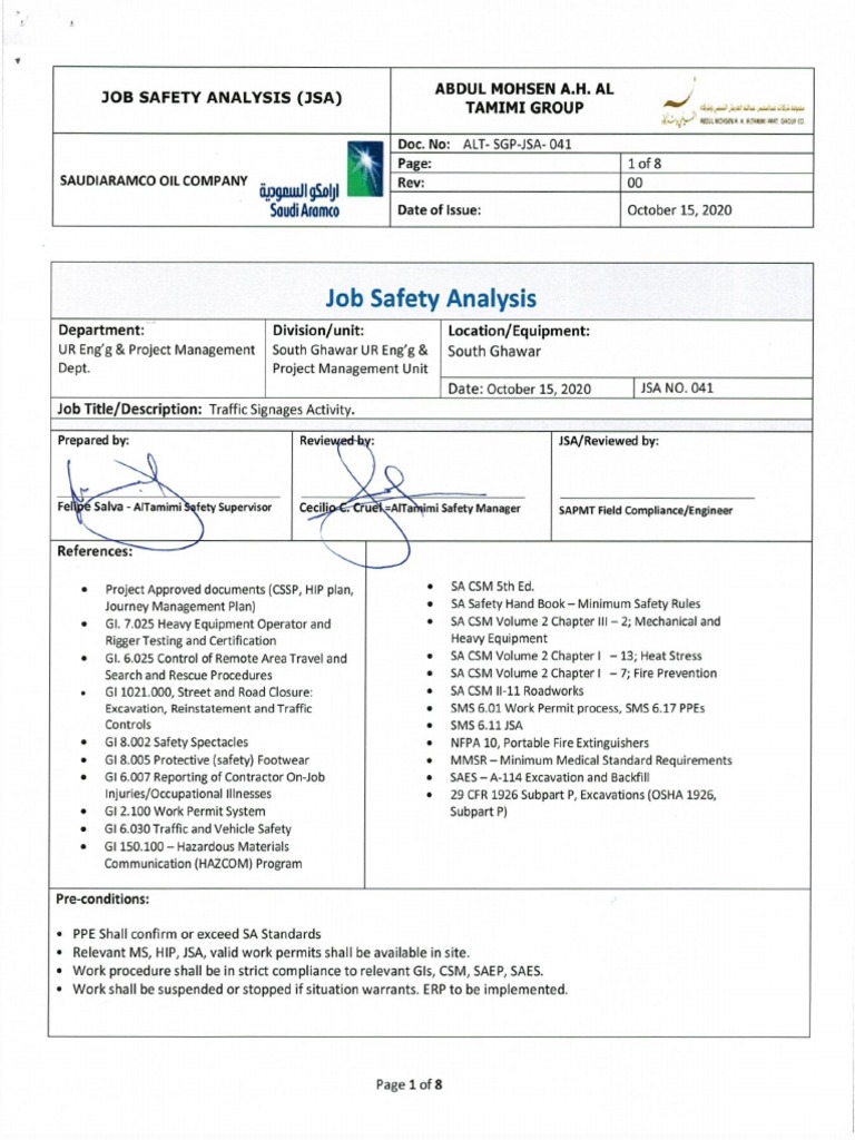 JSA For Traffic Signages Activity (Rev. 00) | PDF