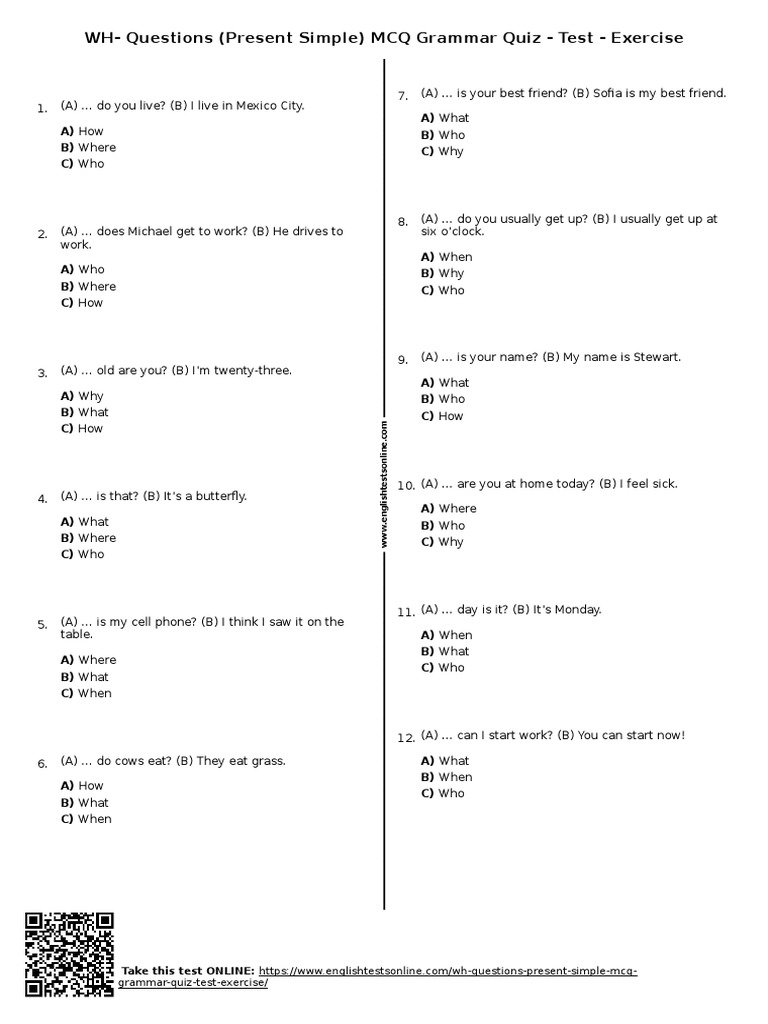 785 - WH Questions Present Simple MCQ Grammar Quiz Test Exercise | PDF ...