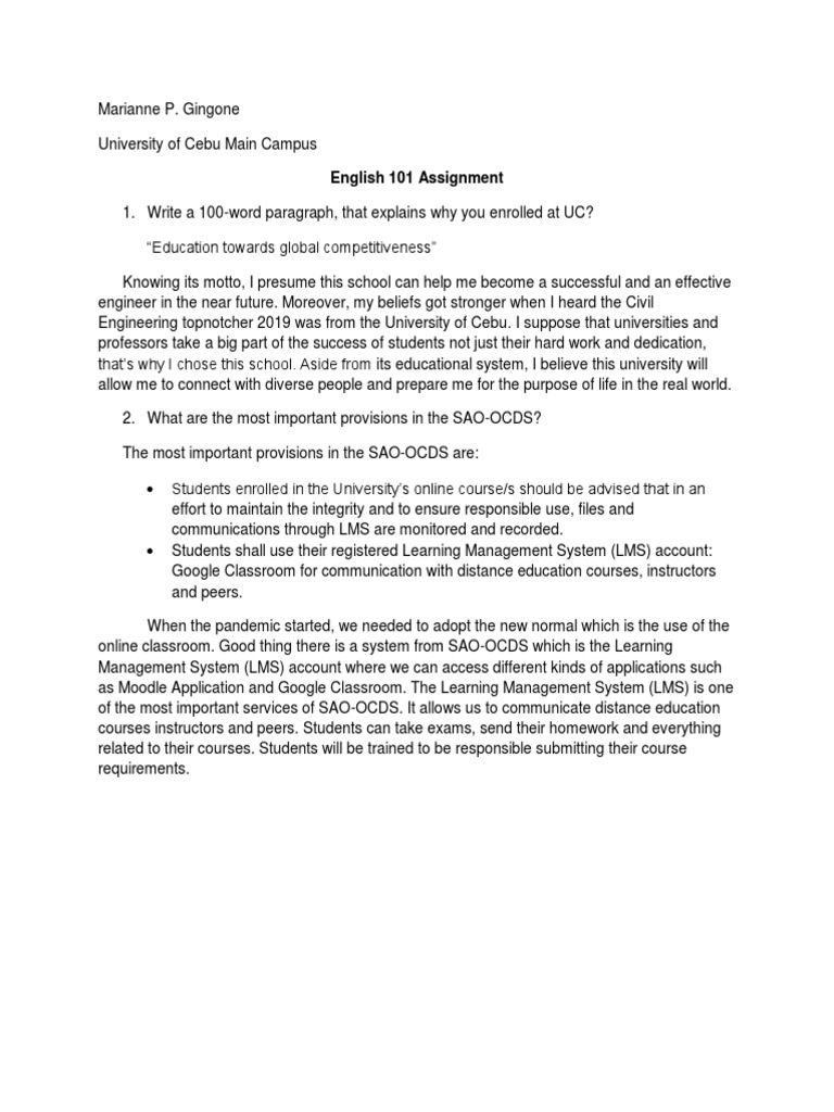 English 101 Assignment | PDF