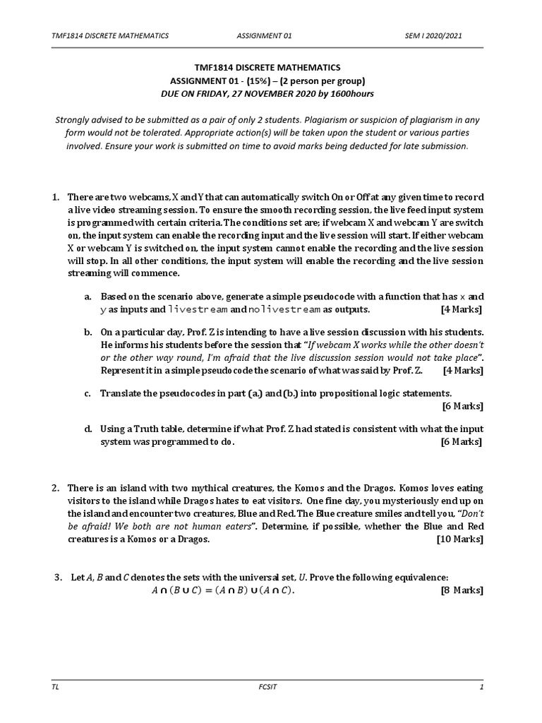 Discrete Mathematics Assign 01 20-21 | PDF | Summation | Formalism ...