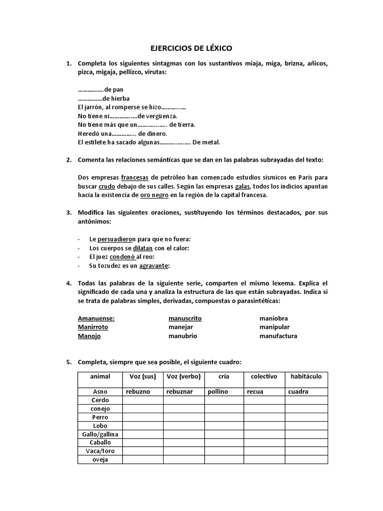 Ejercicios de Léxico y Relaciones Semánticas | PDF | Gramática ...