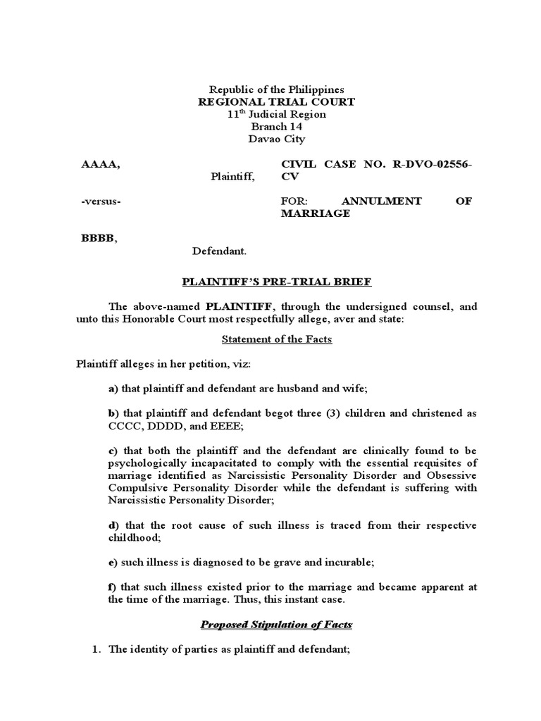 Pre Trial Annulment of Marriage | PDF | Marriage | Wedding