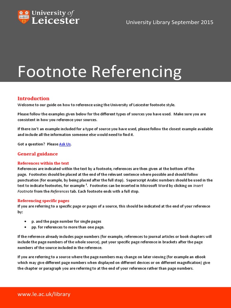 Footnote Referencing: University Library September 2015 | PDF | Note (Typography) | Manuscript