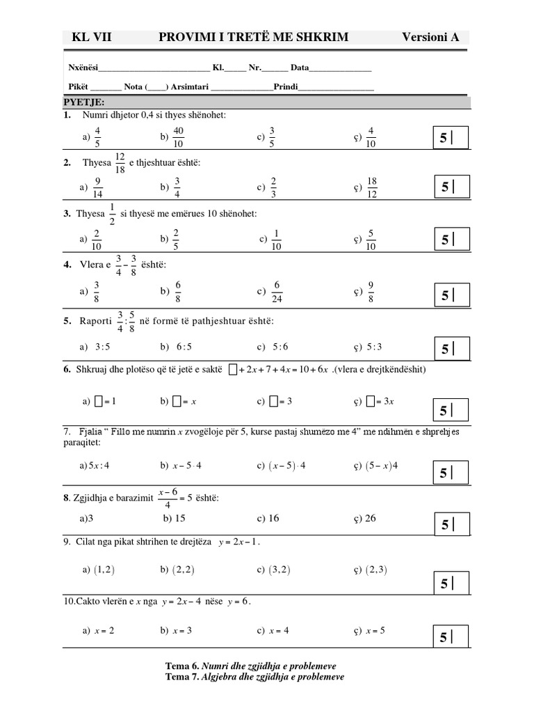 Teste Nga Lënda e Matematikës Për Klasat 7, 8, 9 | PDF