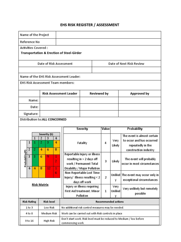 Ehs Risk Register / Assessment: Name of The Project Reference No ...