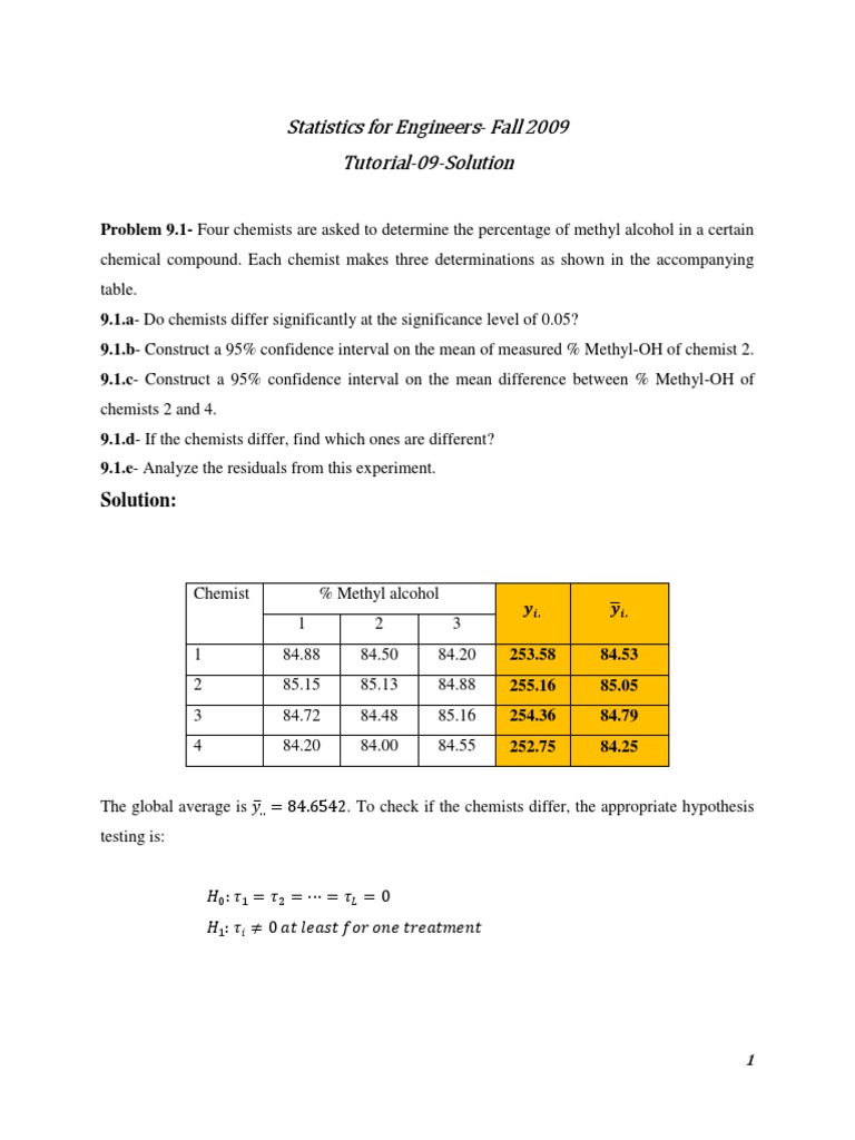Statistics For Engineers-Fall 2009 Tutorial-09-Solution | PDF ...