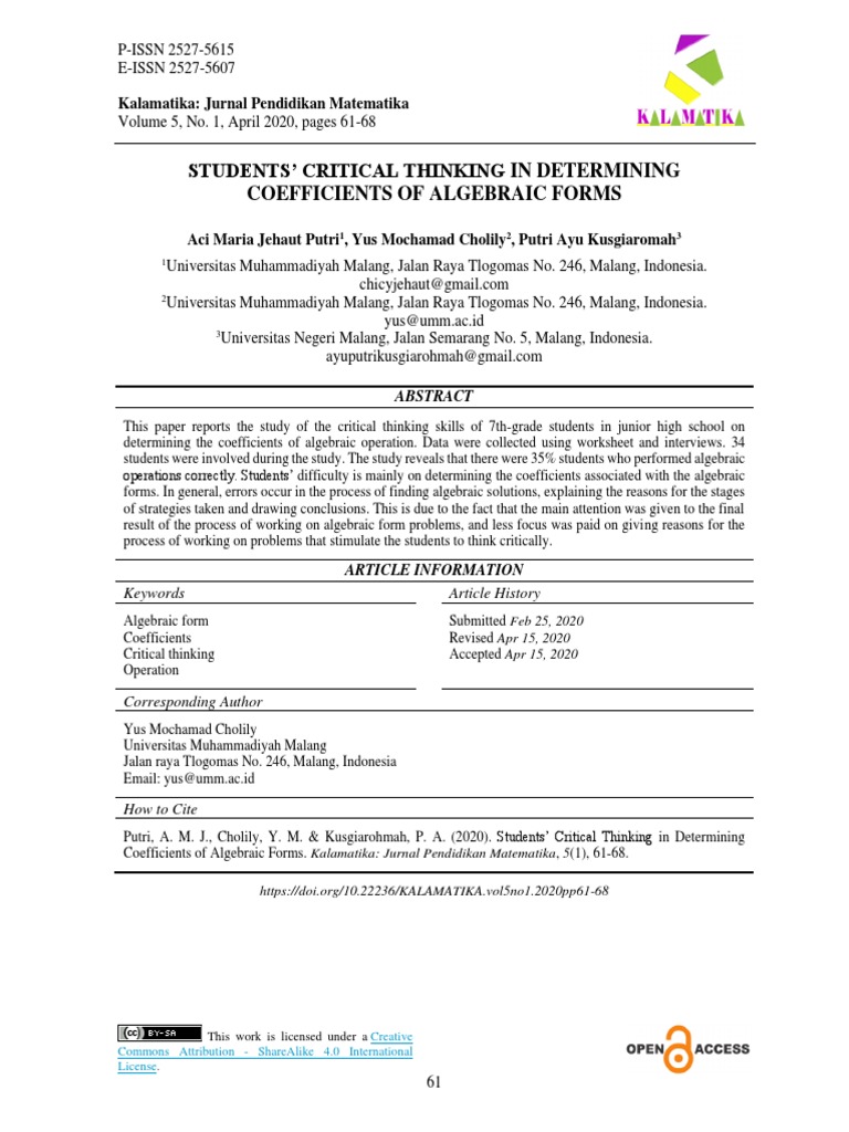 STUDENTS' CRITICAL THINKING IN DETERMINING COEFFICIENTS OF ALGEBRAIC ...