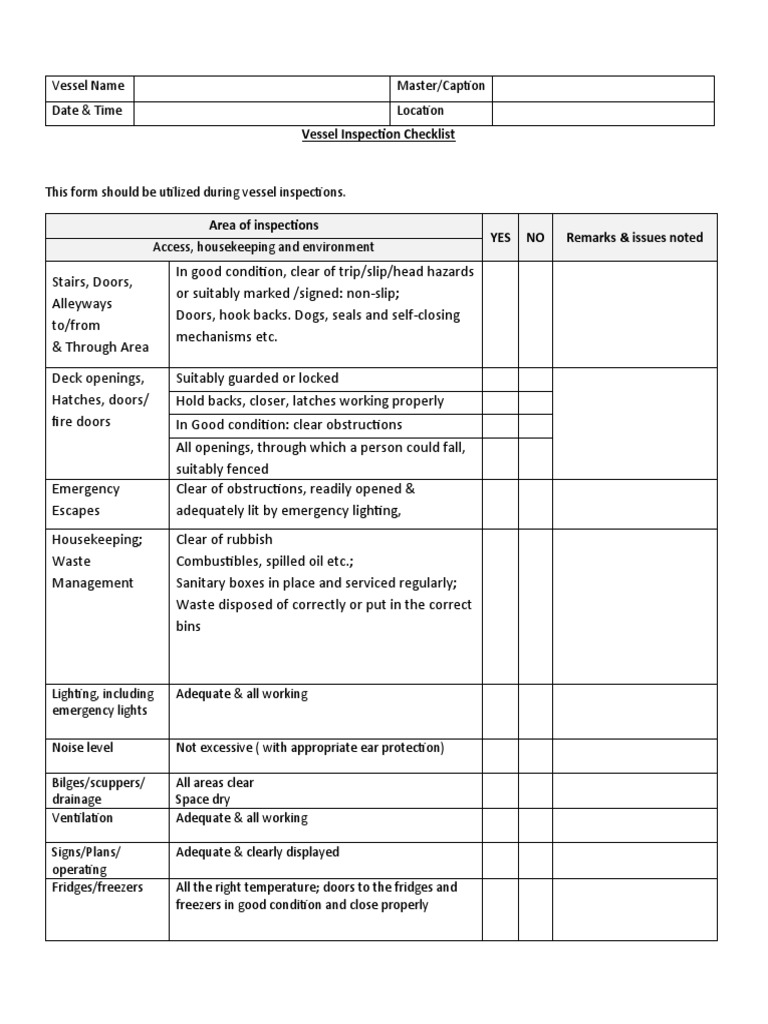Vessel Inspection Checklist | PDF | Refrigerator | Prevention