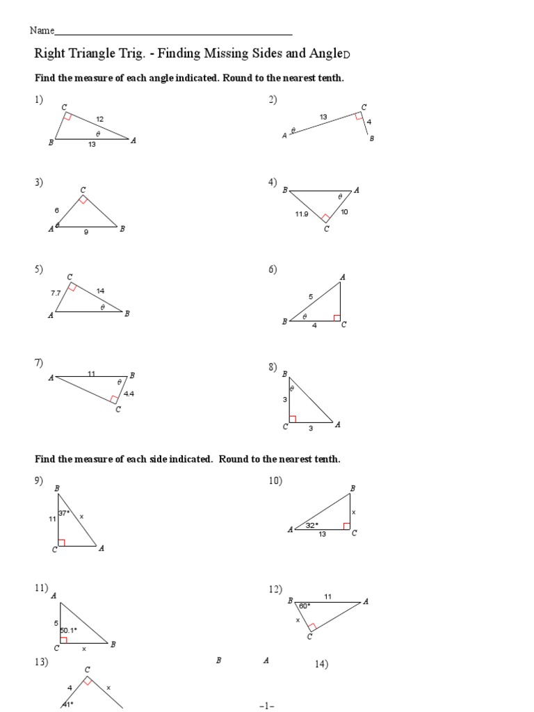 Right Triangle Trig. - Finding Missing Sides and Angle | PDF ...