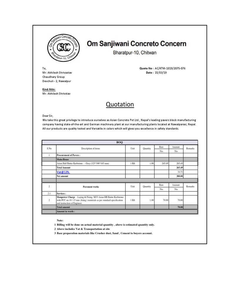 Quotation for Paver and Kerbstone Services | PDF | Economic Sectors ...