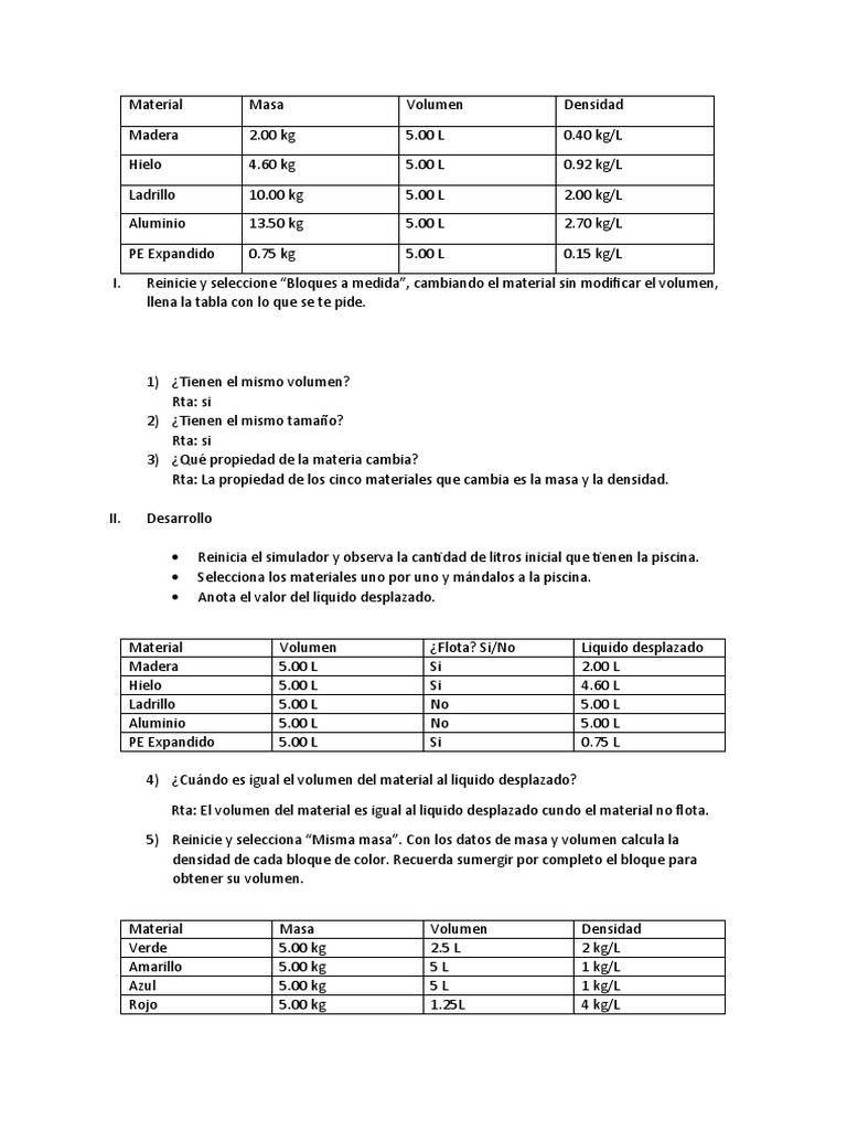 Hoja De Trabajo Sobre Densidad