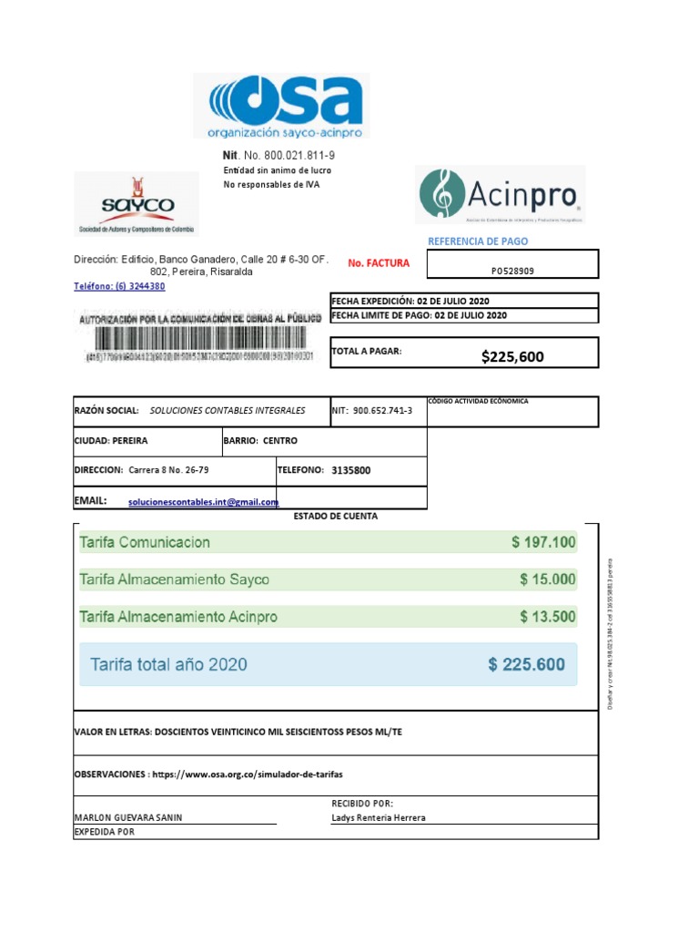Factura Sayco y Acinpro | PDF