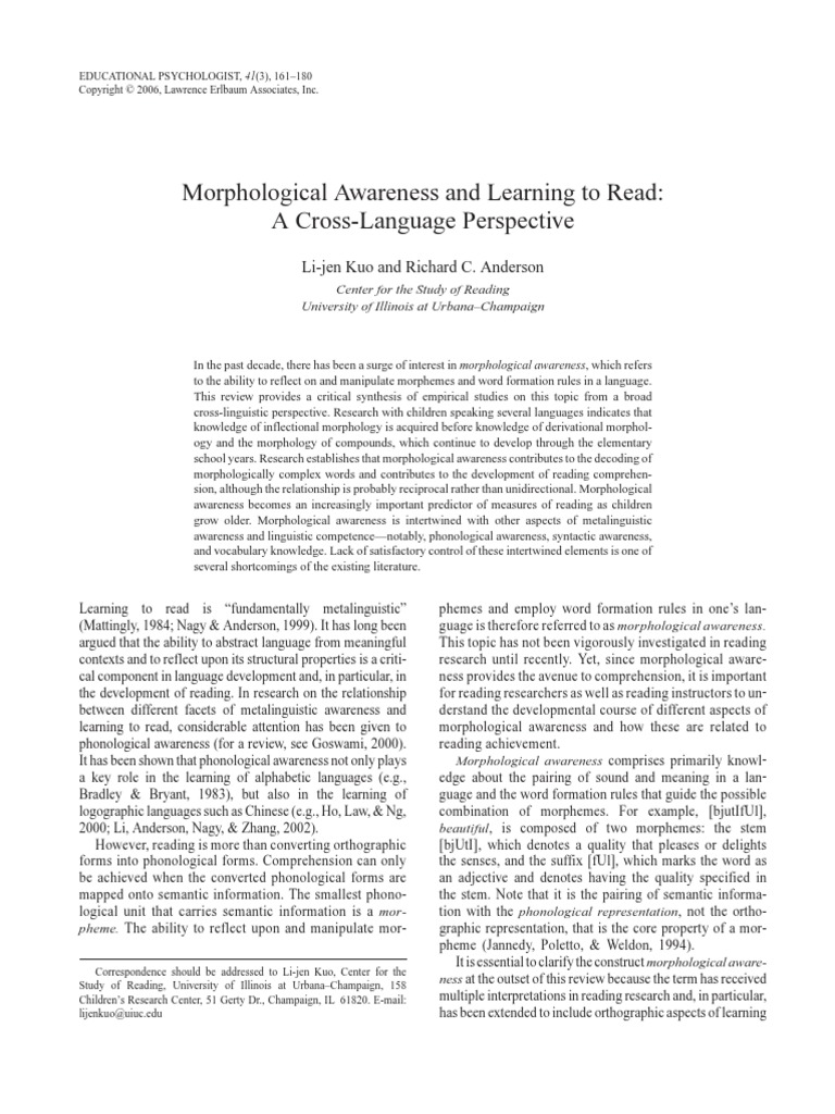 Morphological Awareness, Reading | PDF | Morphology (Linguistics) | Word