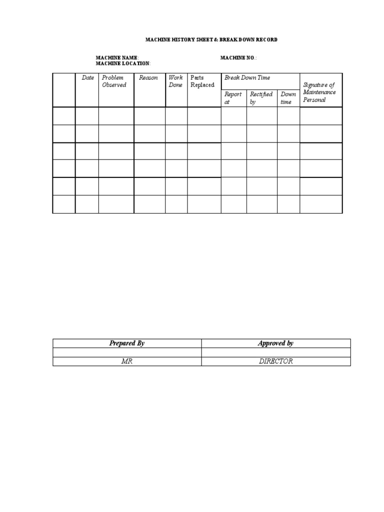 Machine History Sheet Break Down Record | PDF