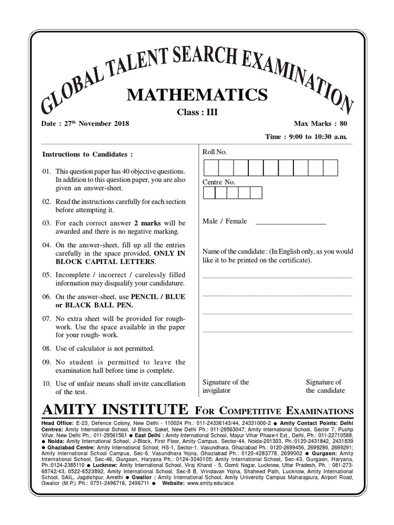 Maths GTSE 2018-19 Sample Paper Class III | PDF | Teaching Mathematics ...