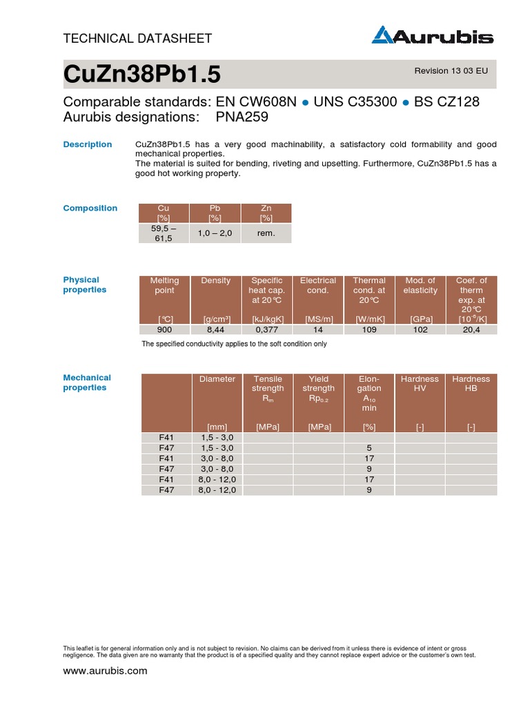 Cuzn38Pb1.5: Comparable Standards: Aurubis Designations: Pna259 en ...