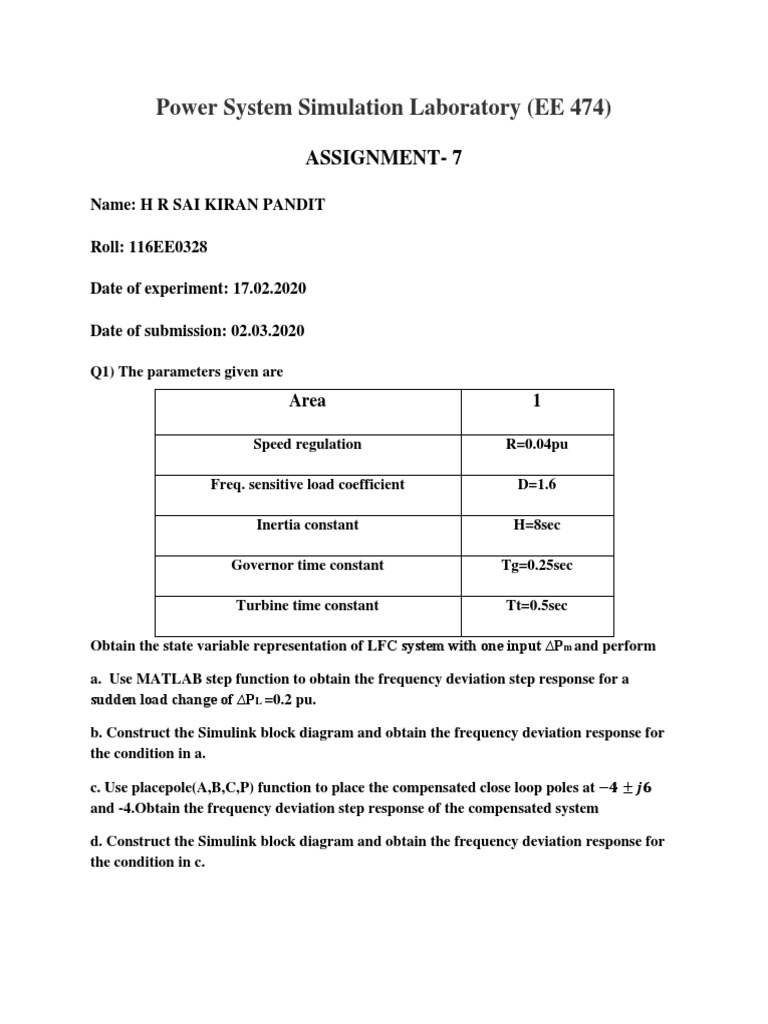Power System Simulation Laboratory (EE 474) : Assignment-7 | PDF ...