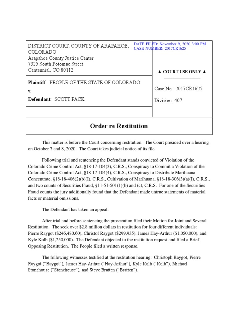 Scott Pack Restitution Order | PDF | Apprendi V. New Jersey | Justice