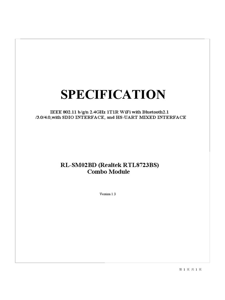 Specification: RL-SM02BD (Realtek RTL8723BS) Combo Module | PDF | Wi Fi ...