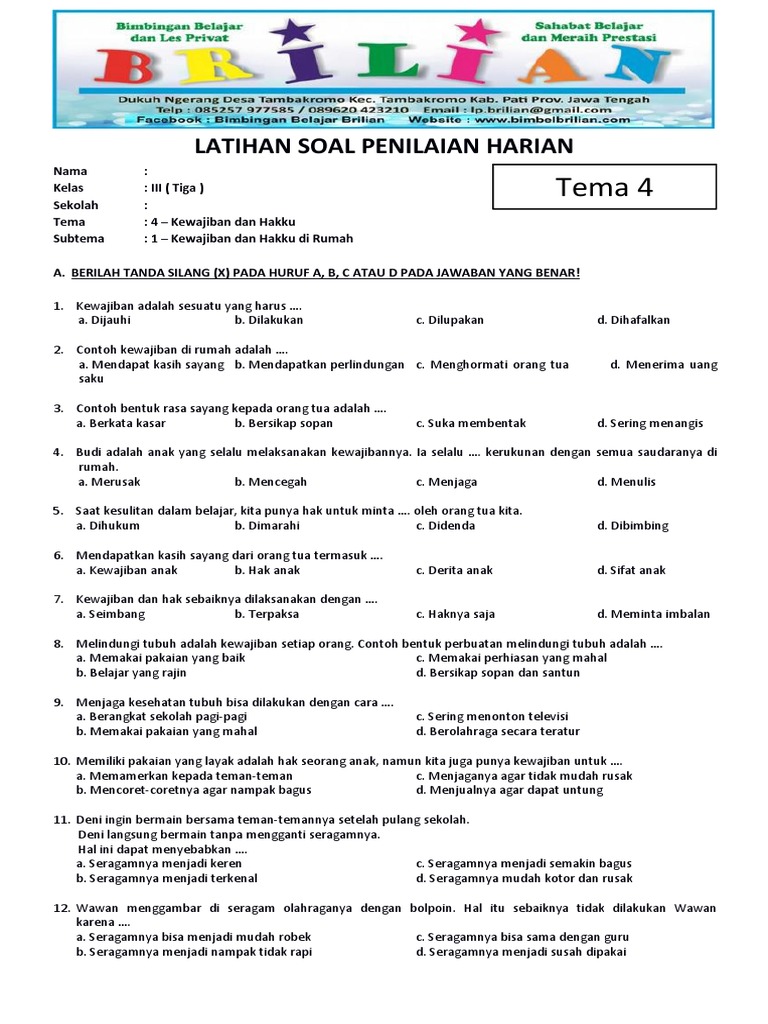 Soal Tema 4 Kelas 3 SD Subtema 1 Kewajiban Dan Hakku Di Rumah ...