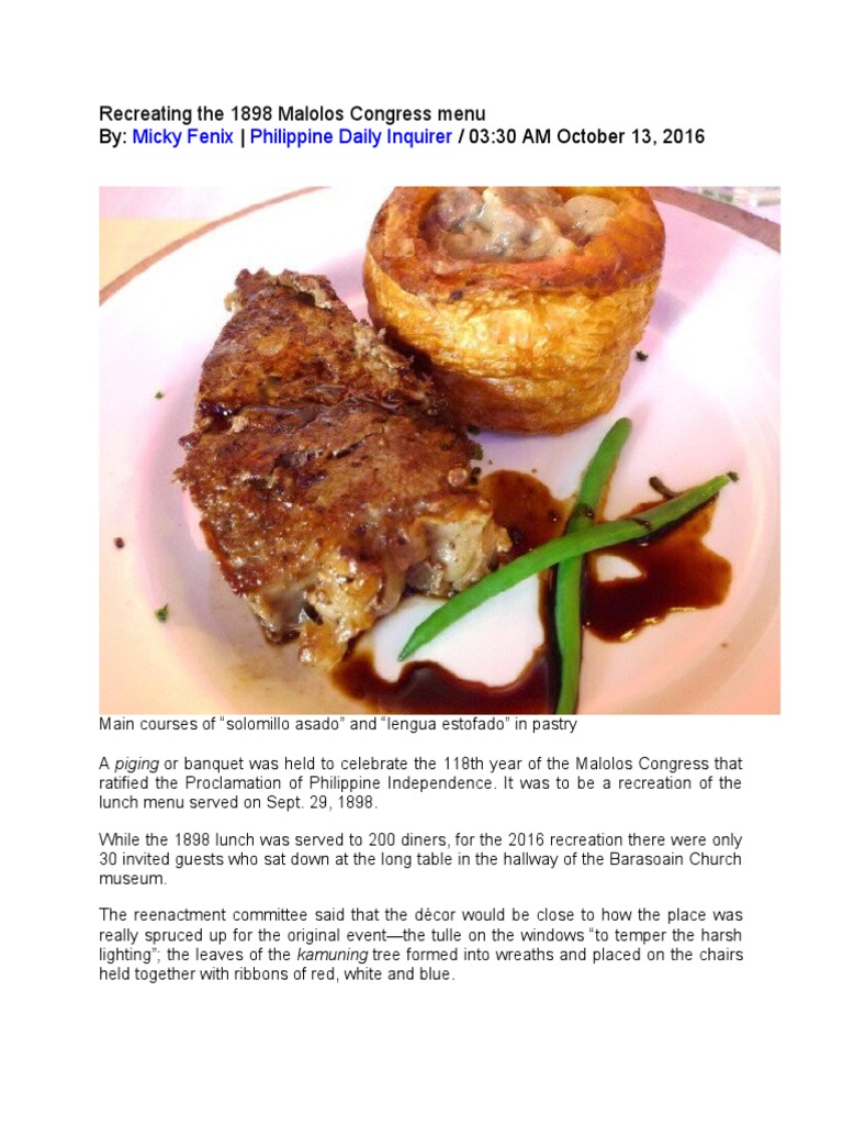 1898 Malolos Congress Menu Recreated | PDF | Menu | Western Cuisine