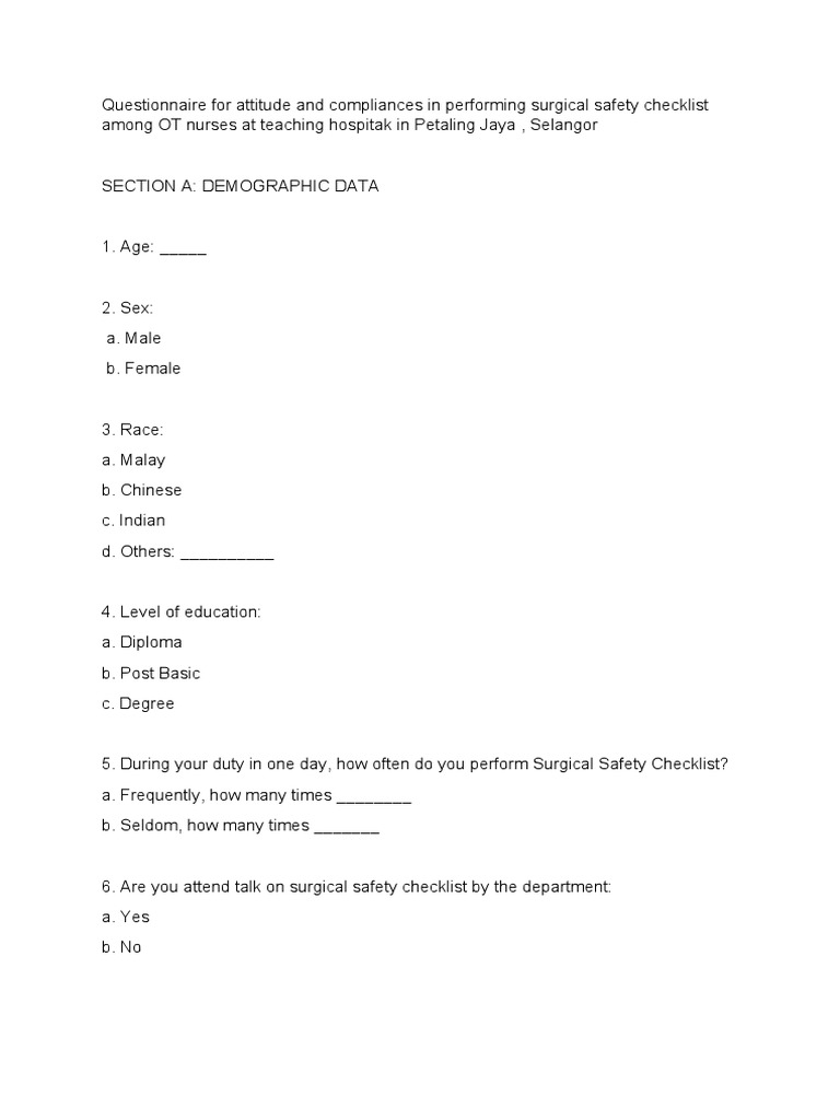 Questionnaire | PDF | Surgery | Medical Specialties