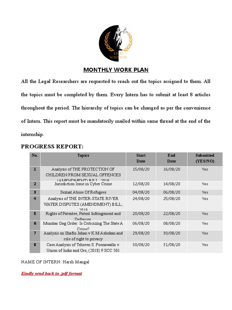 Progress Report:: Monthly Work Plan | PDF