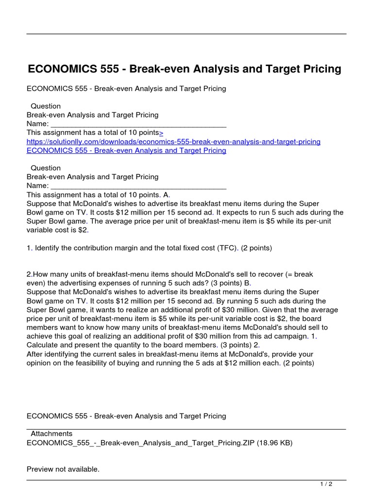 Economics 555 Break Even Analysis and Target Pricing | PDF