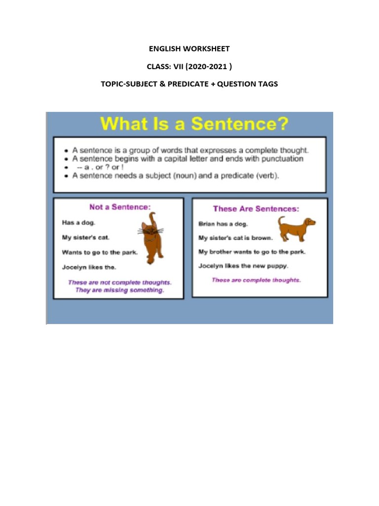 Subject and Predicate Worksheet Class 7 | PDF