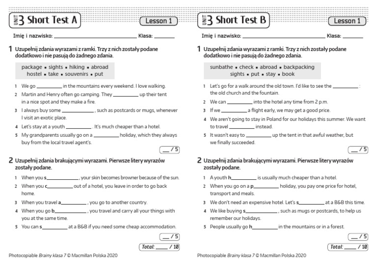 Brainy kl7 Short Tests Unit 3 Lesson 1 | PDF | Outdoor Recreation ...