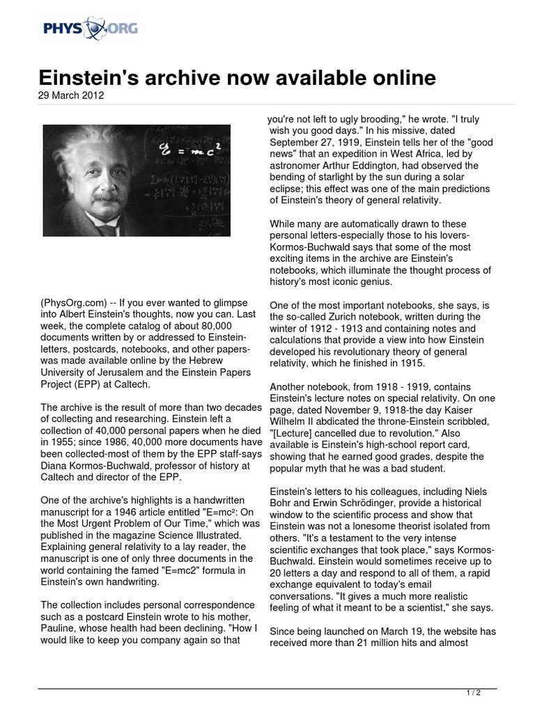 Einstein's Archive Now Available Online | PDF | Albert Einstein ...
