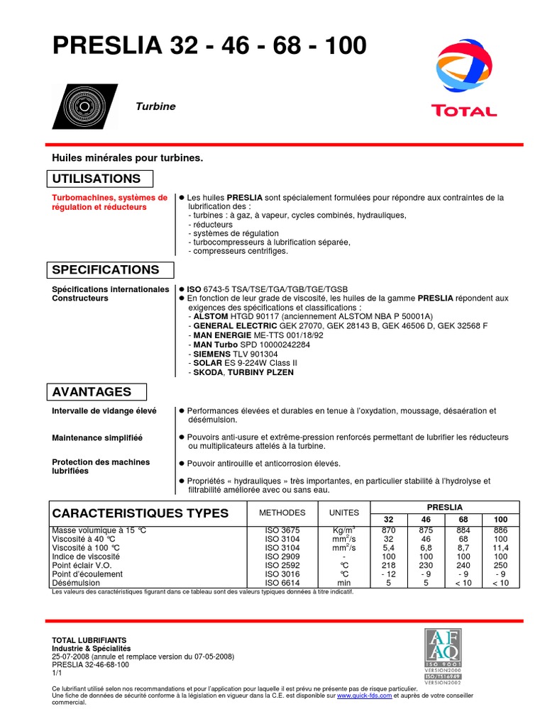 Fiche Technique Huile Preslia 32-68 | PDF