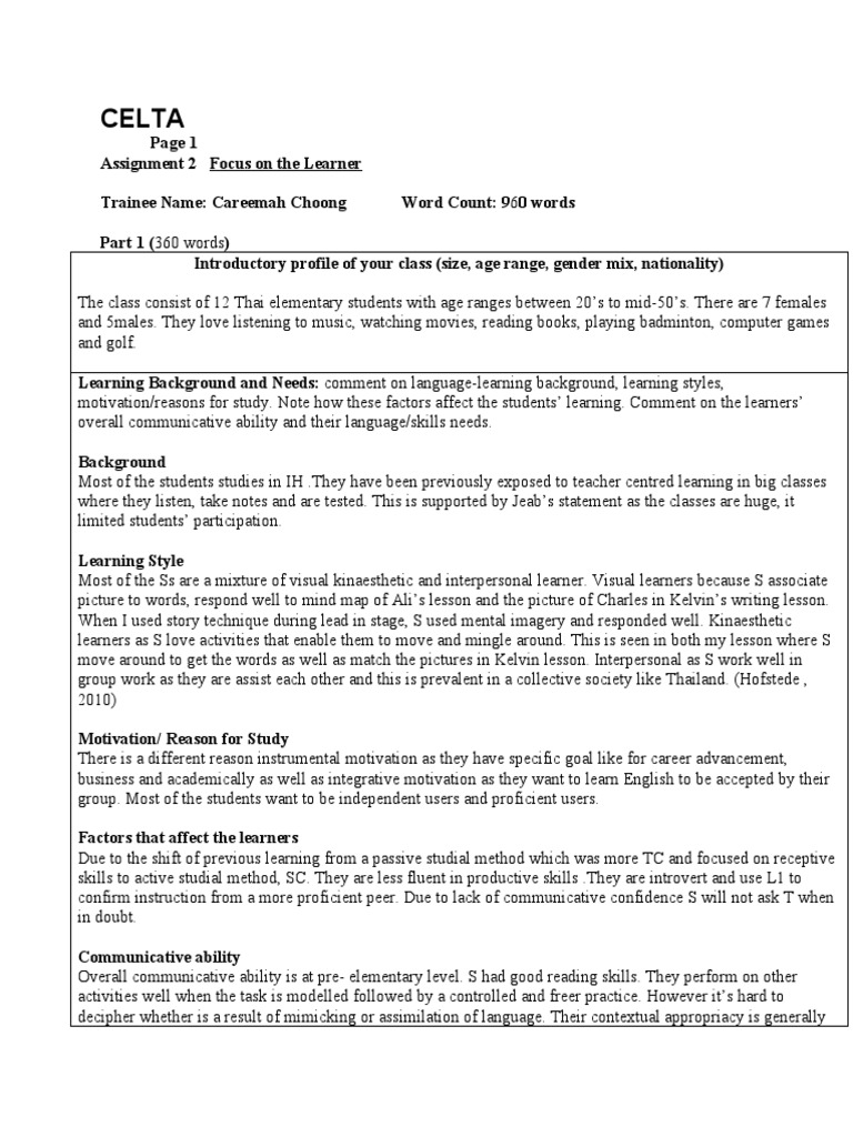 CELTA Assignment 2 Focus On The Learner | PDF