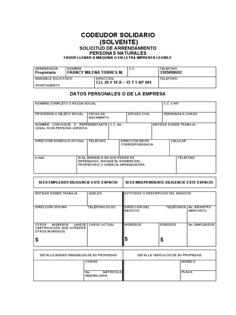 Codeudor Solidario (Solvente) : Solicitud de Arrendamiento Personas Naturales | PDF | Hipoteca ...
