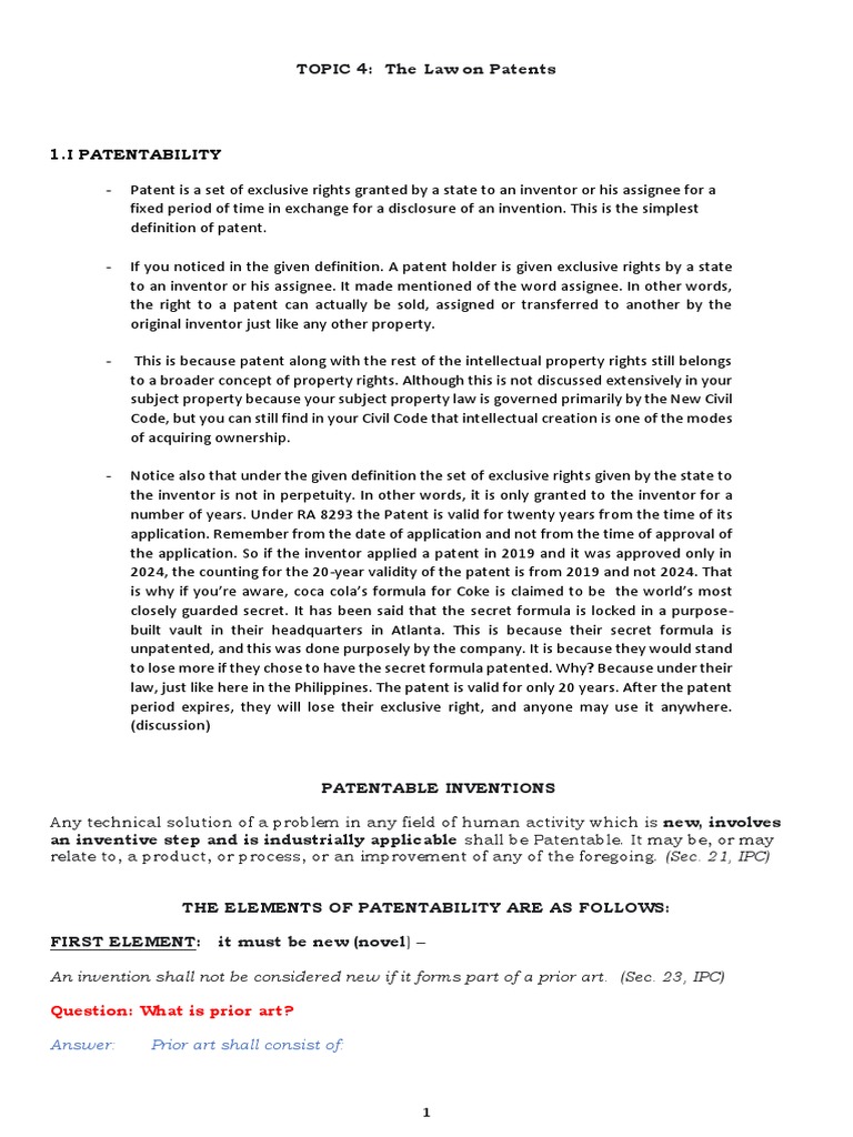 1.I Patentability: TOPIC 4: The Law On Patents | PDF | Patent Application | Glossary Of Patent ...