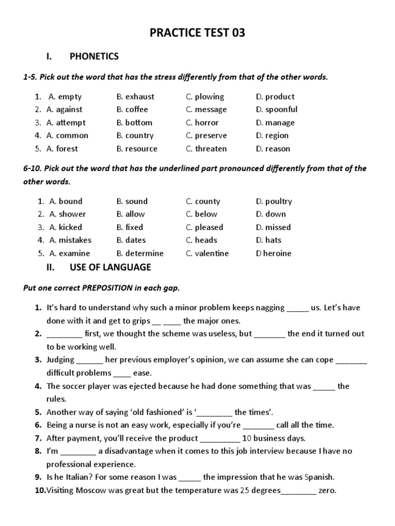 Practice Test 03: I. Phonetics | PDF | Flowers | Insects
