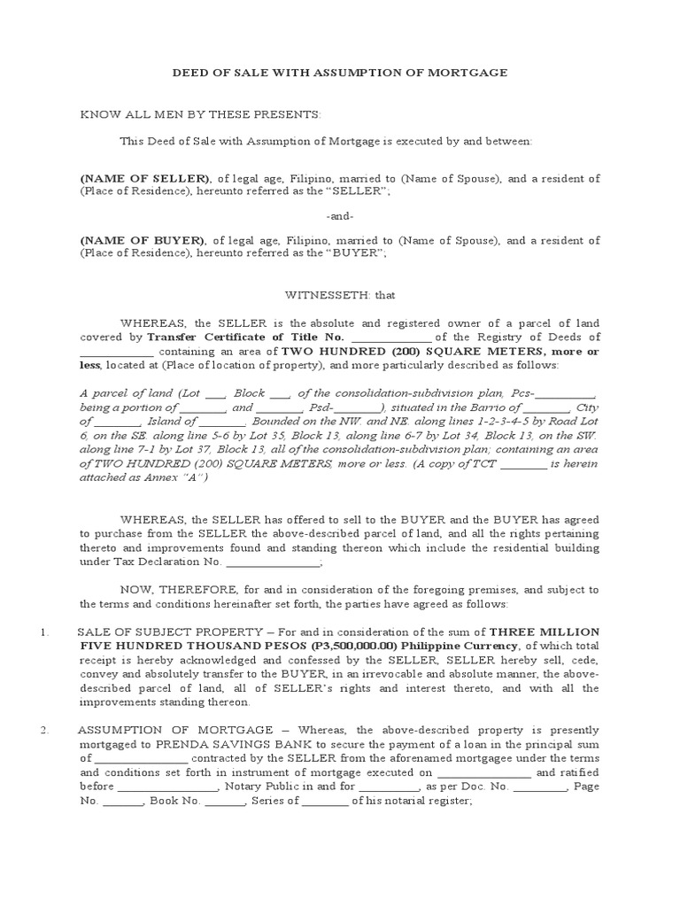 Deed of Sale With Assumption of Mortgage | PDF | Mortgage Law ...