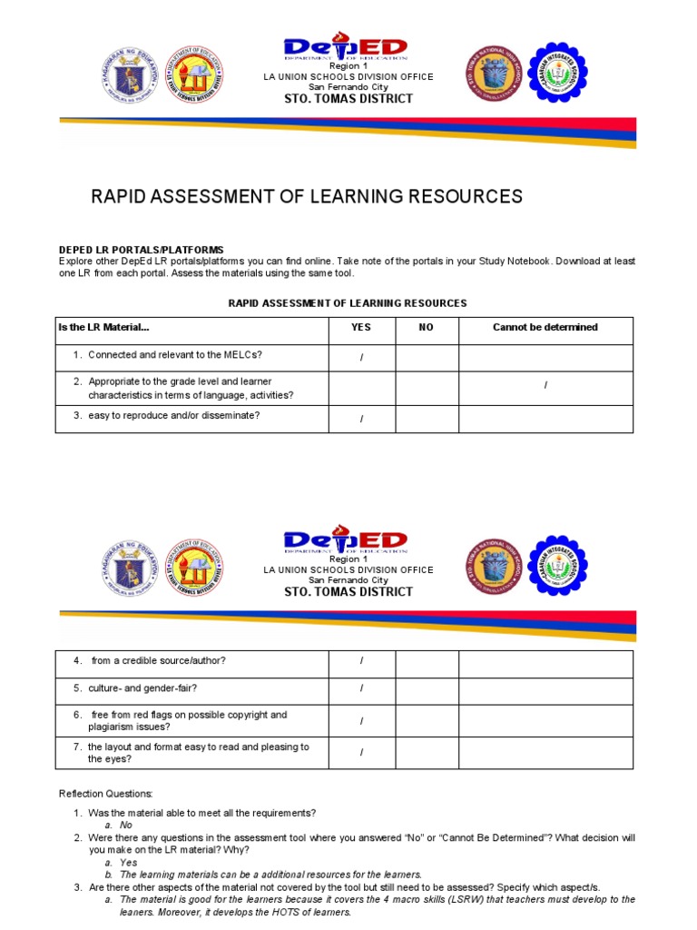 Rapid Assessment of Learning Resources: Sto. Tomas District | PDF ...